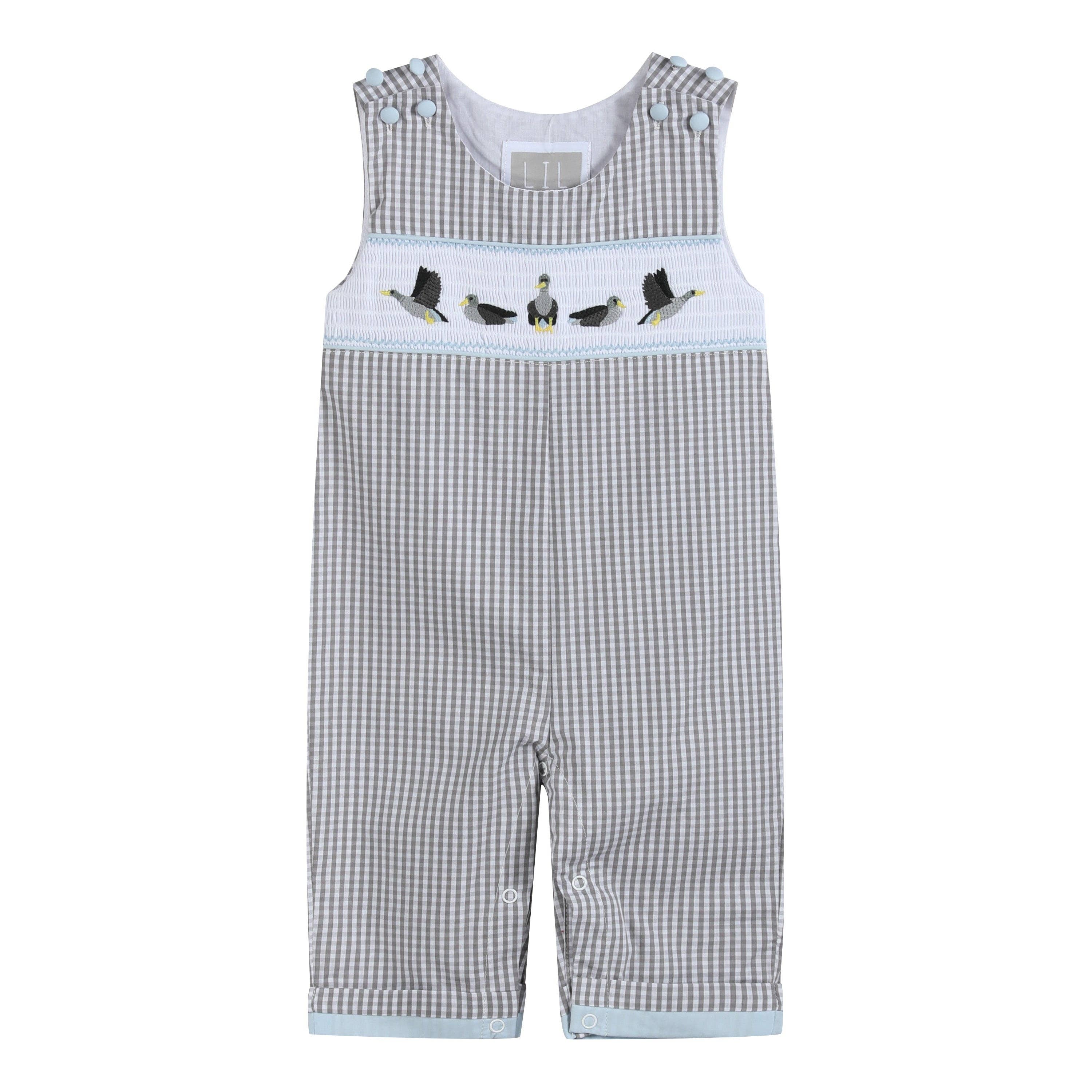 Buy Light Gray Mallard Smocked Overalls by Lil Cactus – Pat's Monograms